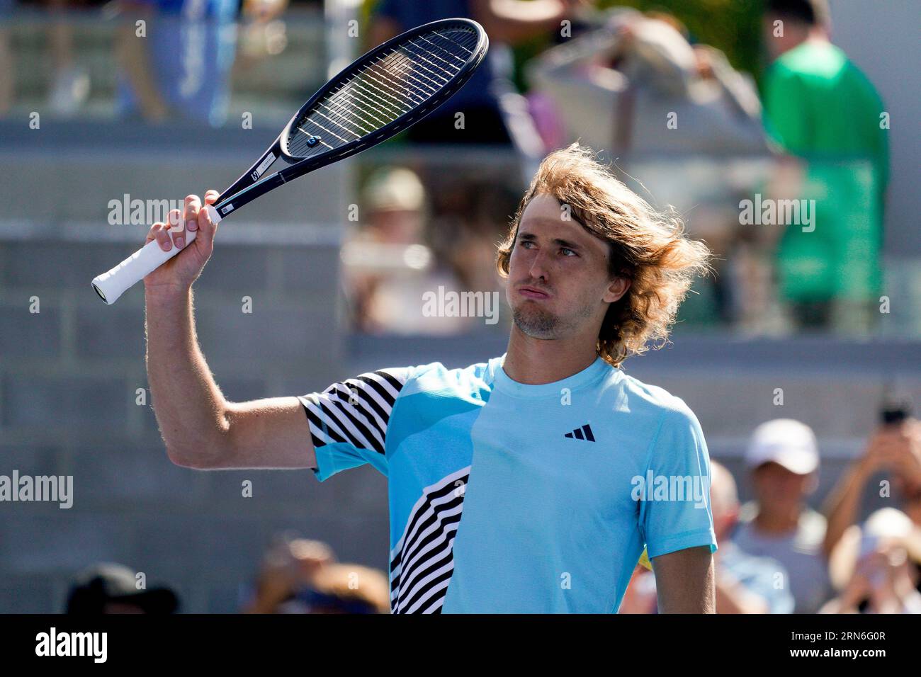 Alexander Zverev, of Germany, reacts after defeating Daniel Altmaier, of Germany, during the ...