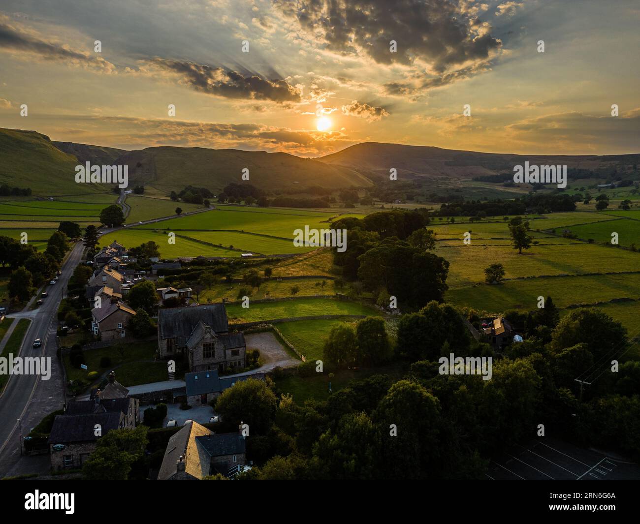 Drone photo of a sunset over Mam Tor in the Peak District. Photo taken ...