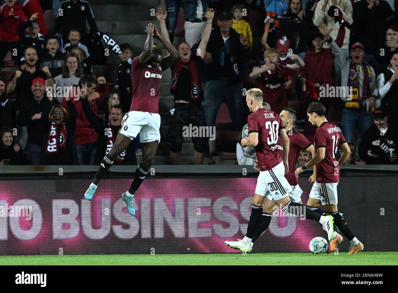 Prague, Czech Republic. 31st Aug, 2023. Victor Olatunji of Sparta Praha celebrate after scoring ...