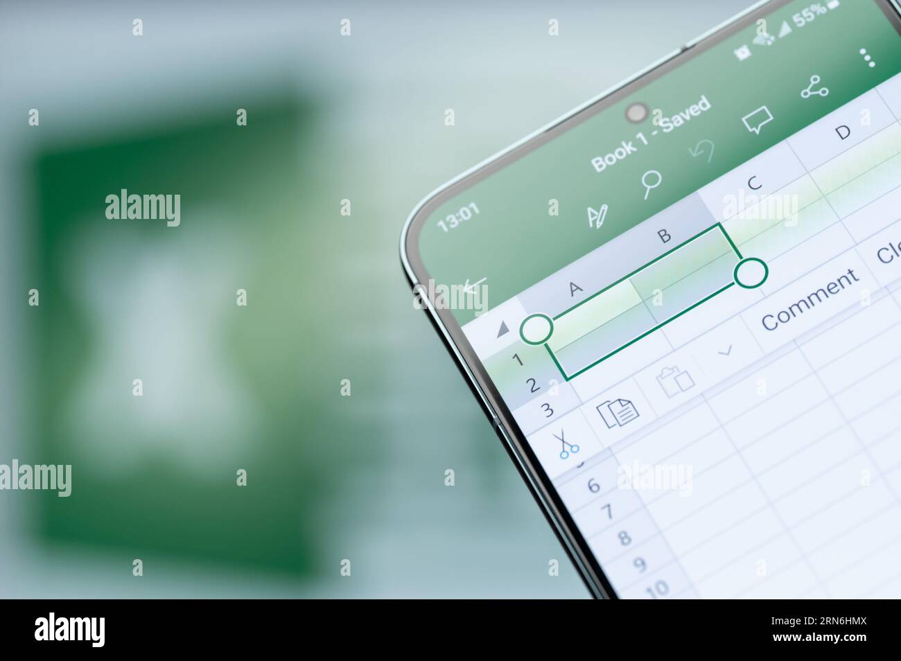 New York, USA - August 20, 2023: Add comment to Microsoft excel spreadsheet on smartphone screen ...