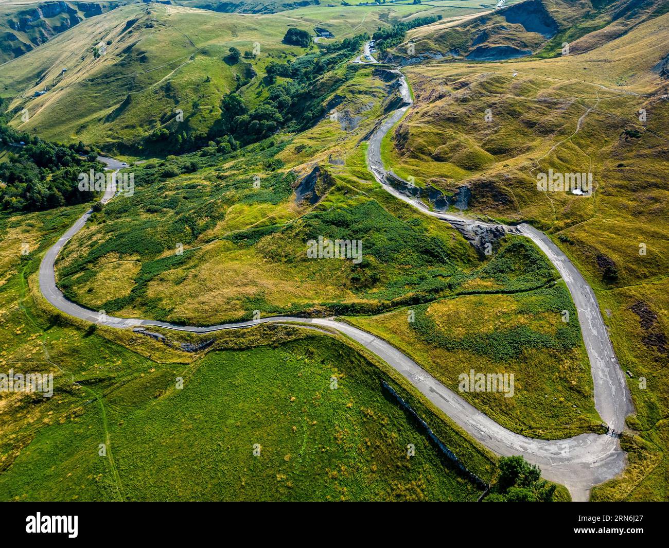 An aerial view of the Hills of Mam Tor in the Peak District winding ...