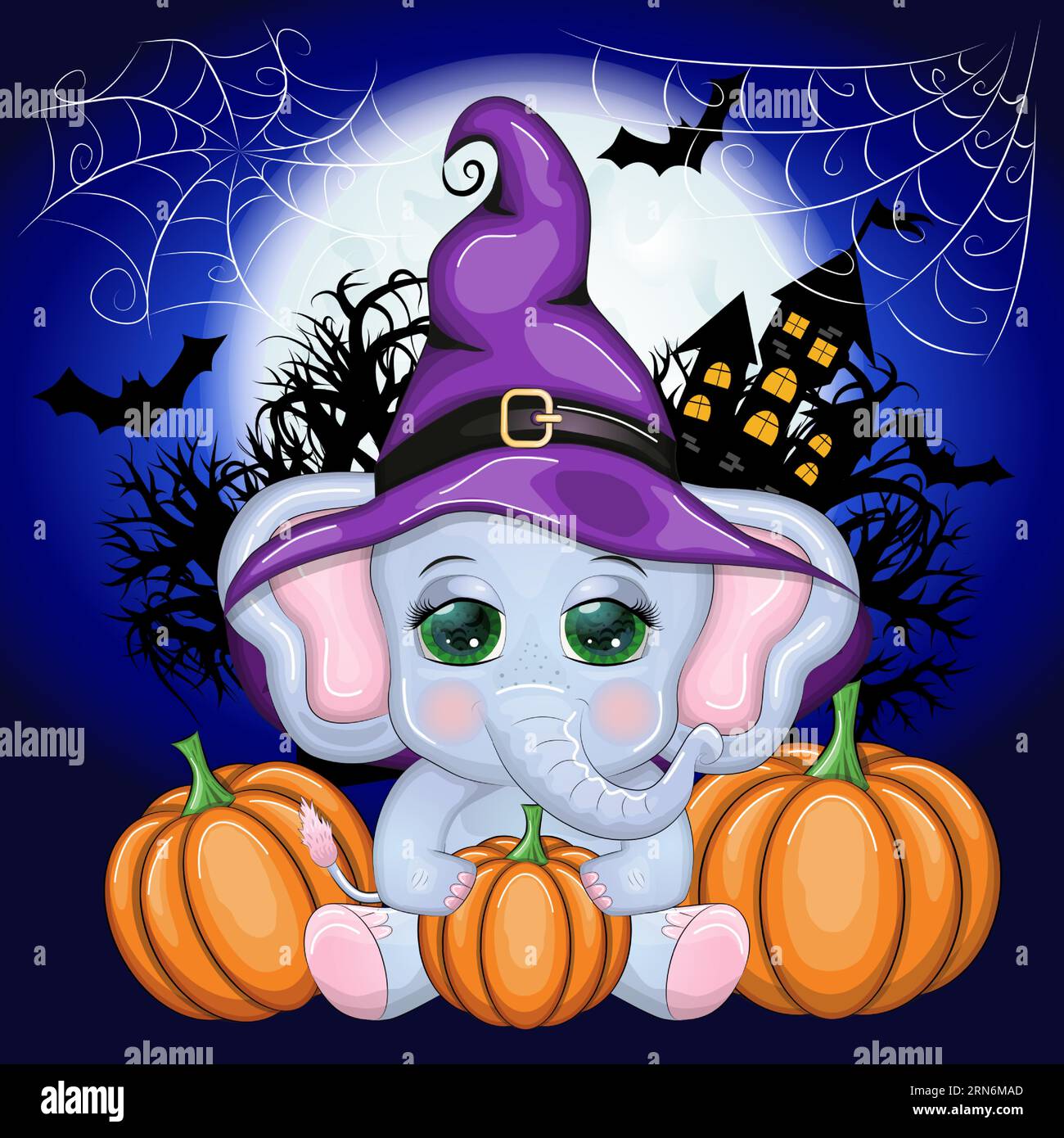 Cute cartoon elephant, childish character in wizard hat with pumpkin ...
