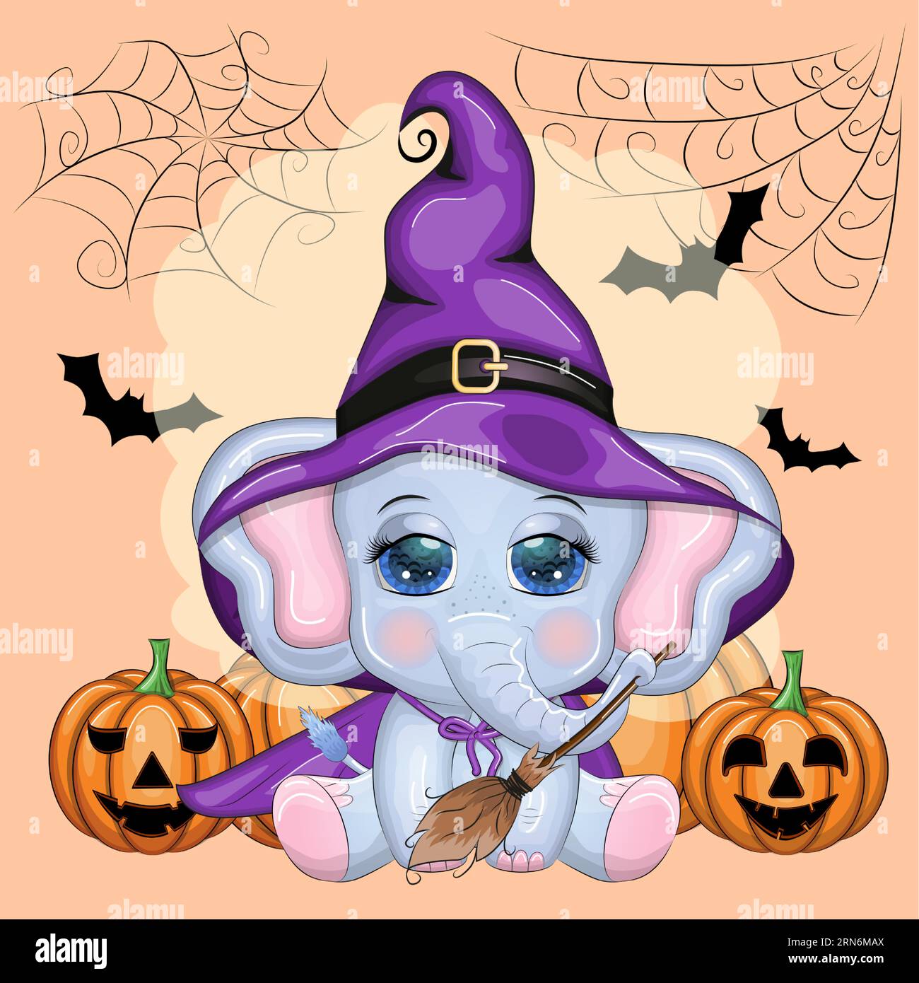 Cute cartoon elephant, childish character in wizard hat with pumpkin ...