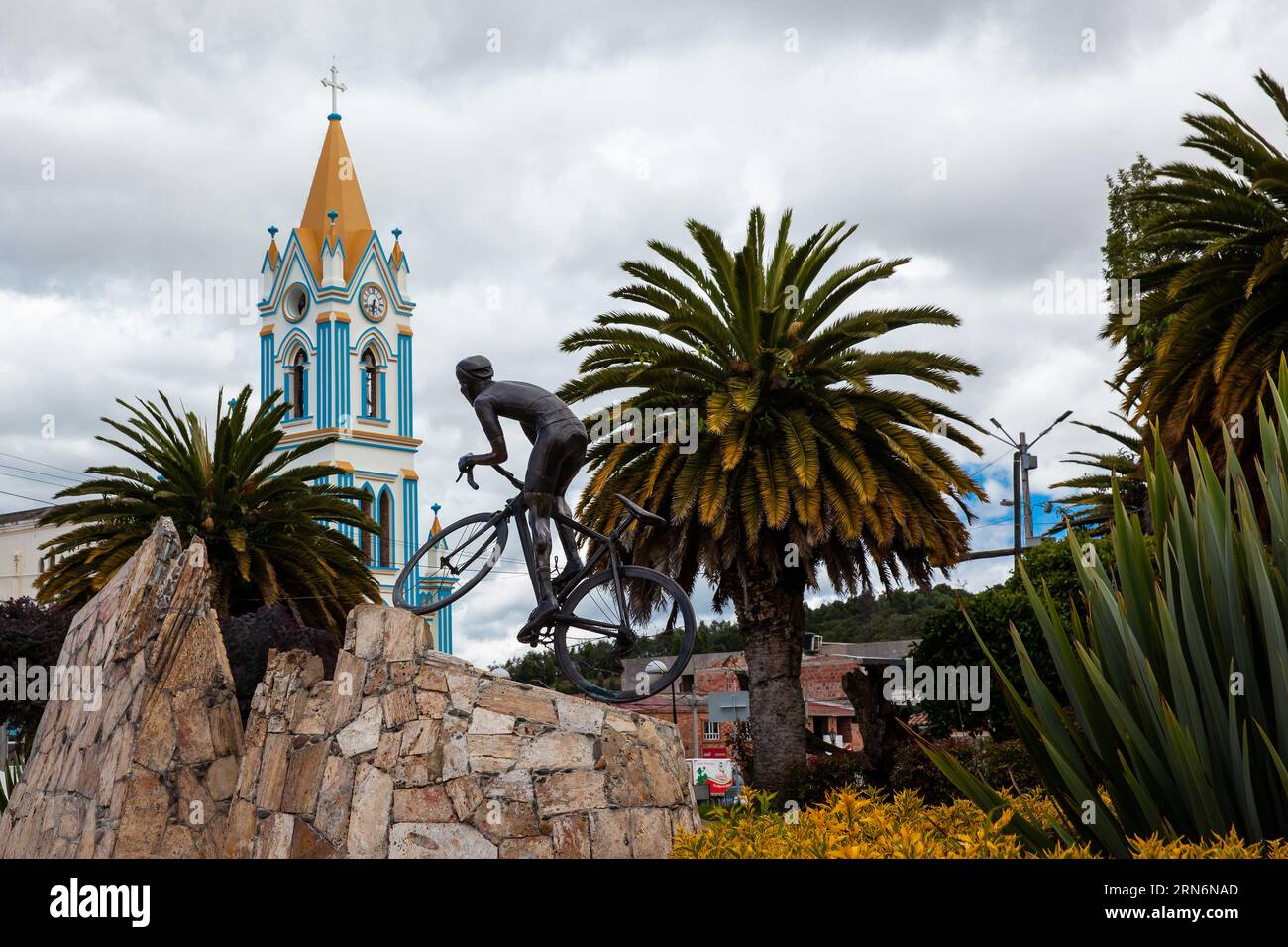COMBITA, COLOMBIA - AUGUST 2023. Life-size monument in honor of the famous cyclist Nairo ...