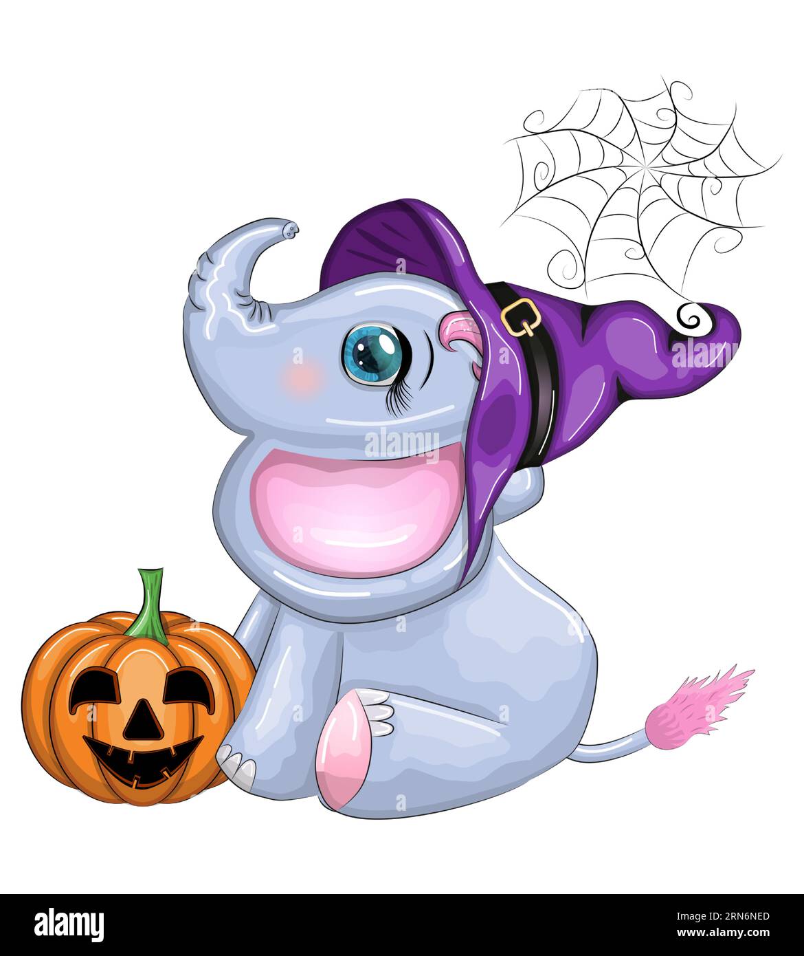 Cute cartoon elephant, childish character in wizard hat with pumpkin, potion or broom, halloween ...