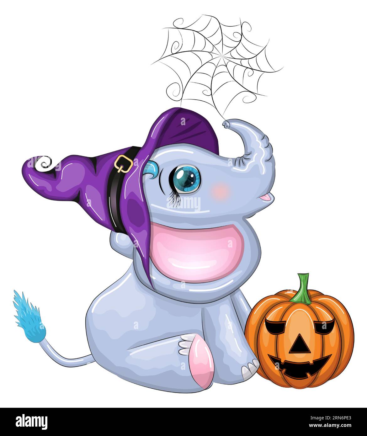 Cute cartoon elephant, childish character in wizard hat with pumpkin, potion or broom, halloween ...