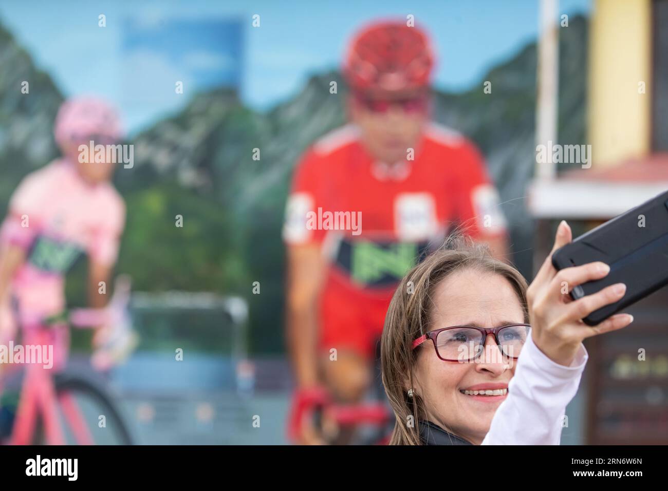 COMBITA, COLOMBIA - AUGUST 2023. Female tourist taking a selfie at the ...