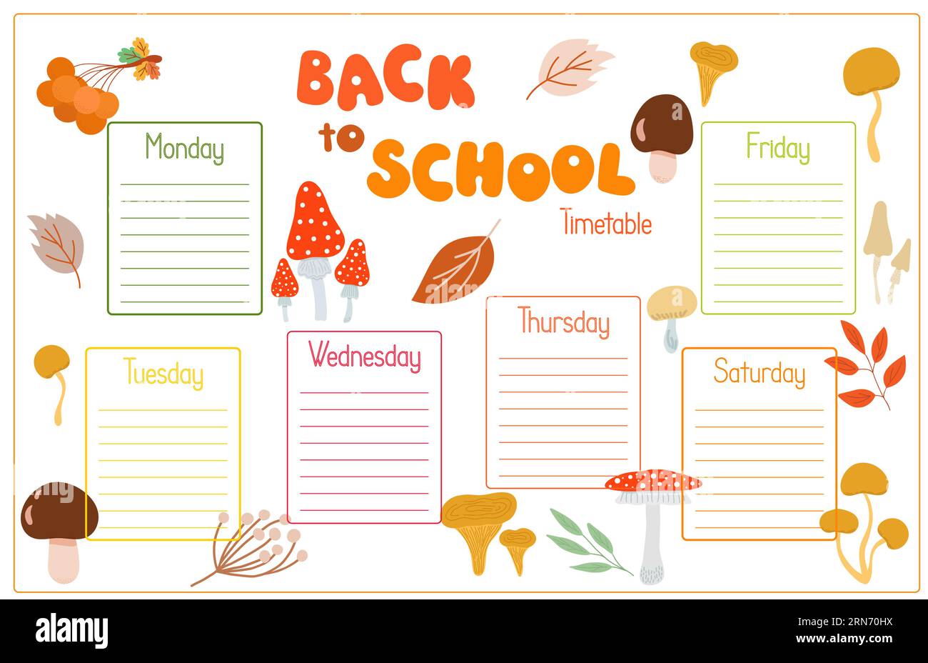 Back to School timetable decorated with autumn forest elements blank ...