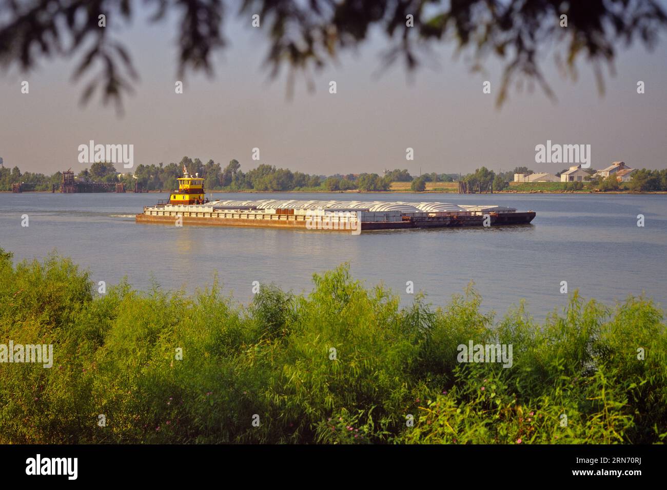 1990s BARGE ON THE MISSISSIPPI RIVER VIEW FROM AUDUBON PARK NEW ORLEANS ...