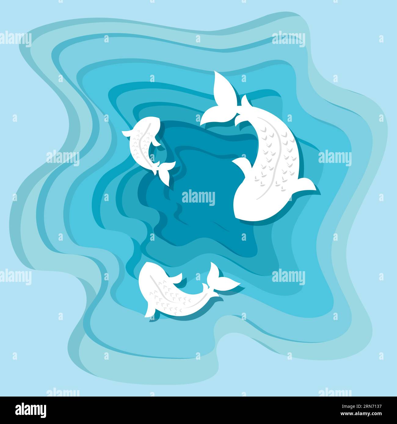 Layered view of the ocean with silhouettes of dolphins Paper art style ...