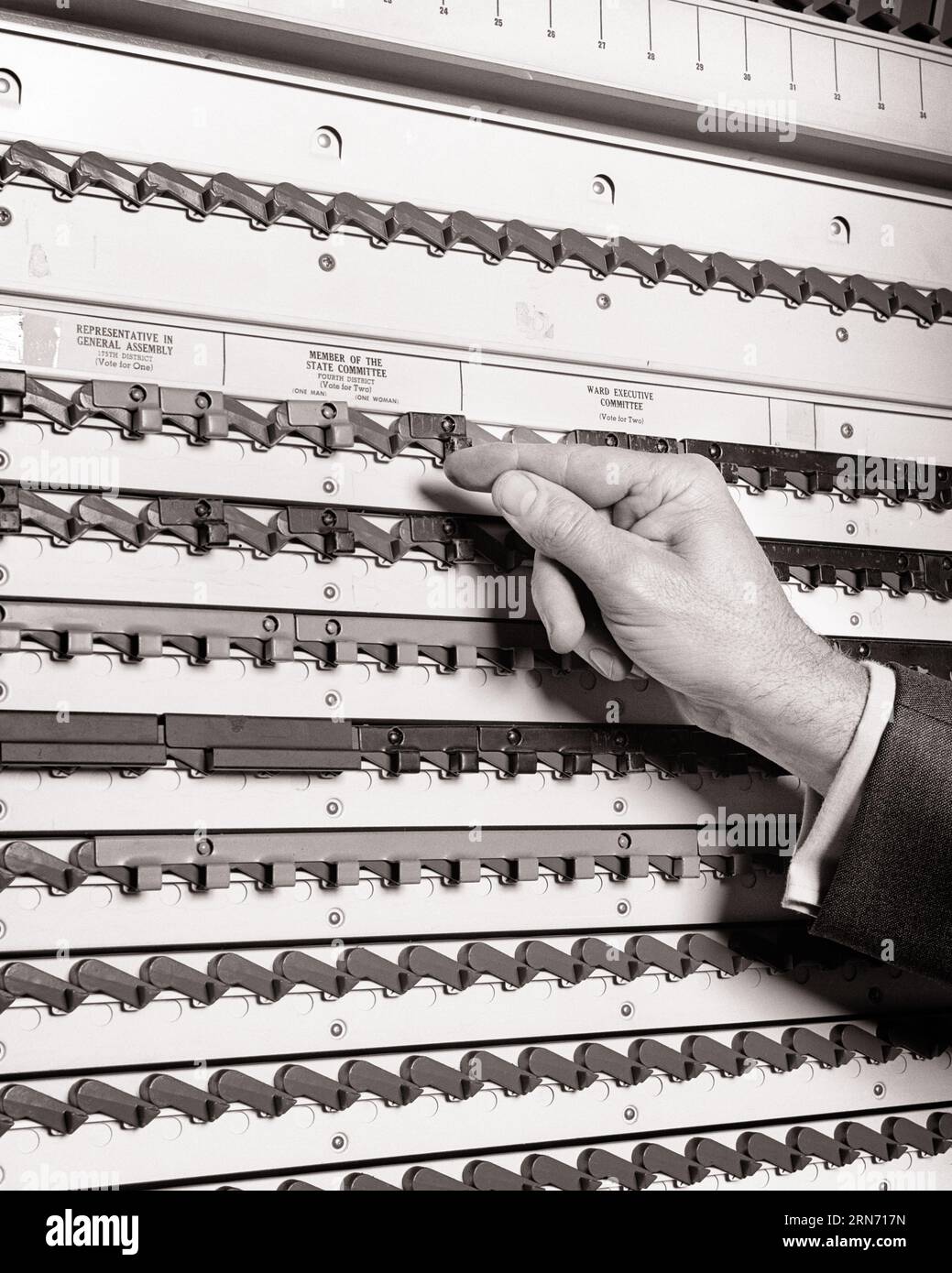 1970s MALE HAND PUSHING DOWN LEVER MAKING A SELECTION INSIDE A VOTING ...