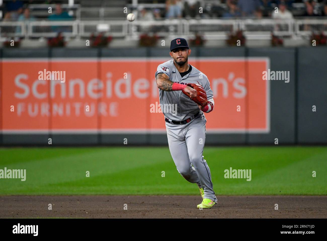 Cleveland Guardians shortstop Gabriel Arias throws a ground ball hit by ...
