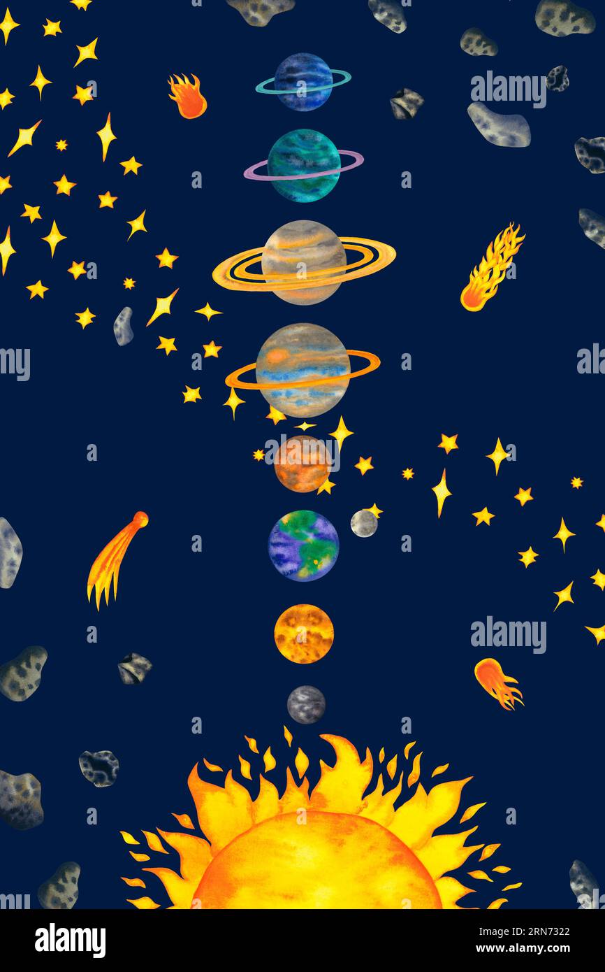 Watercolor cosmos poster with planets of the solar system mercury ...