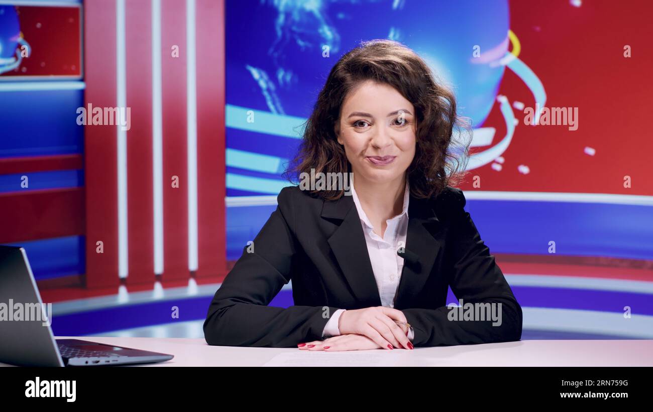 Broadcaster presenting world news on tv program, talking about ...