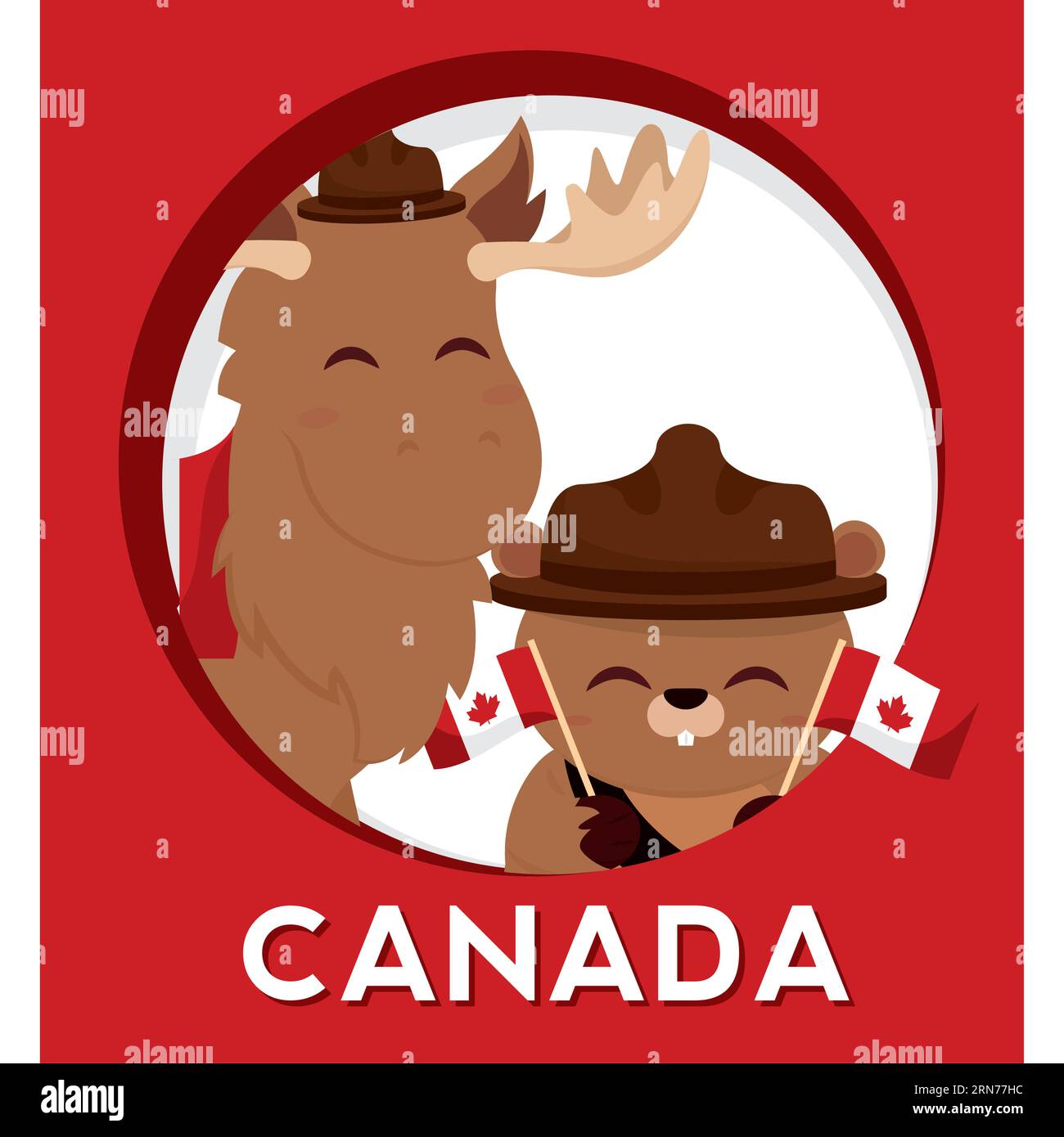 Cute moose and beaver with forest ranger hats and flags of Canada ...