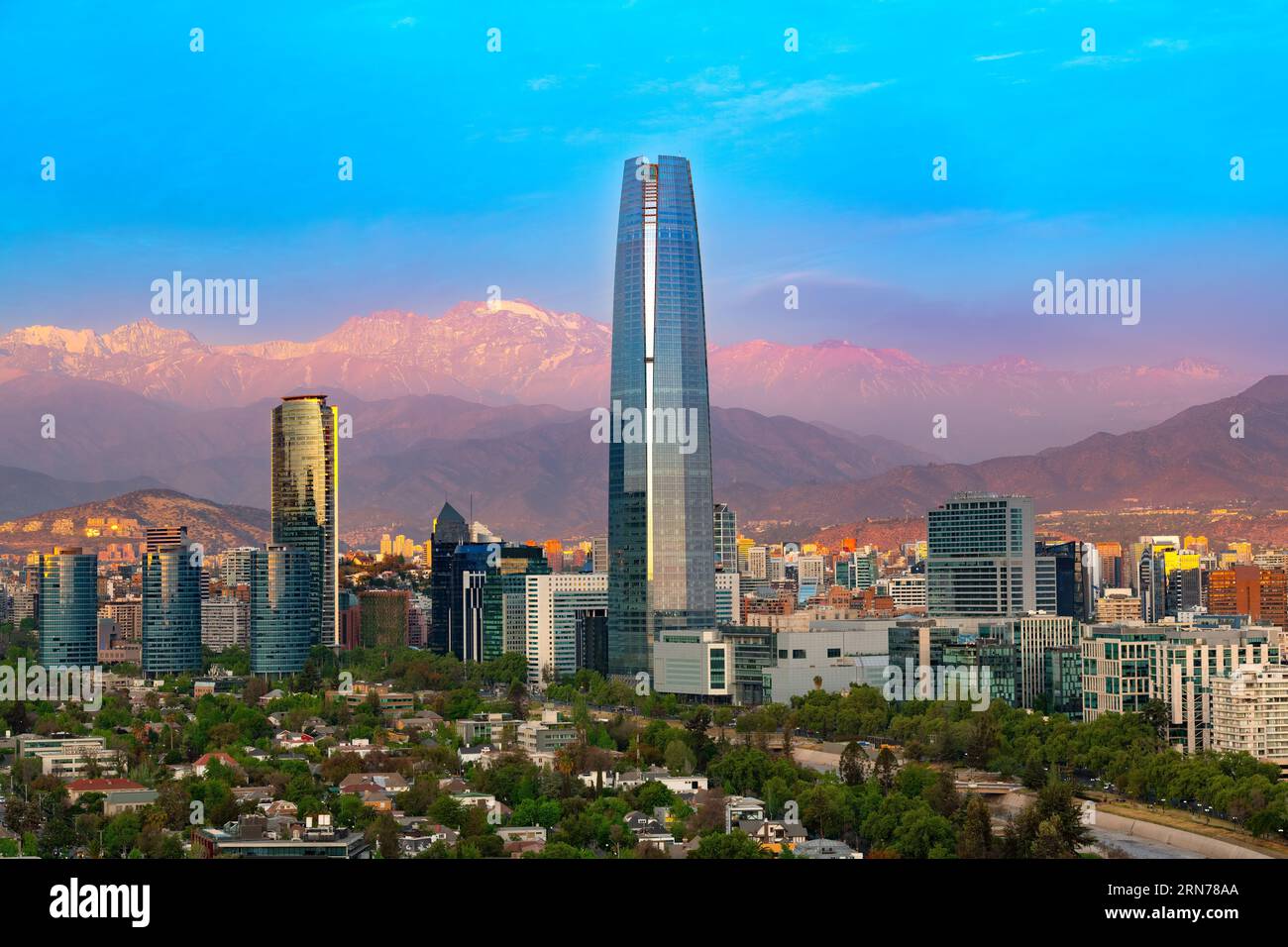 Panoramic view of Santiago de Chile with the Andes mountain range in ...