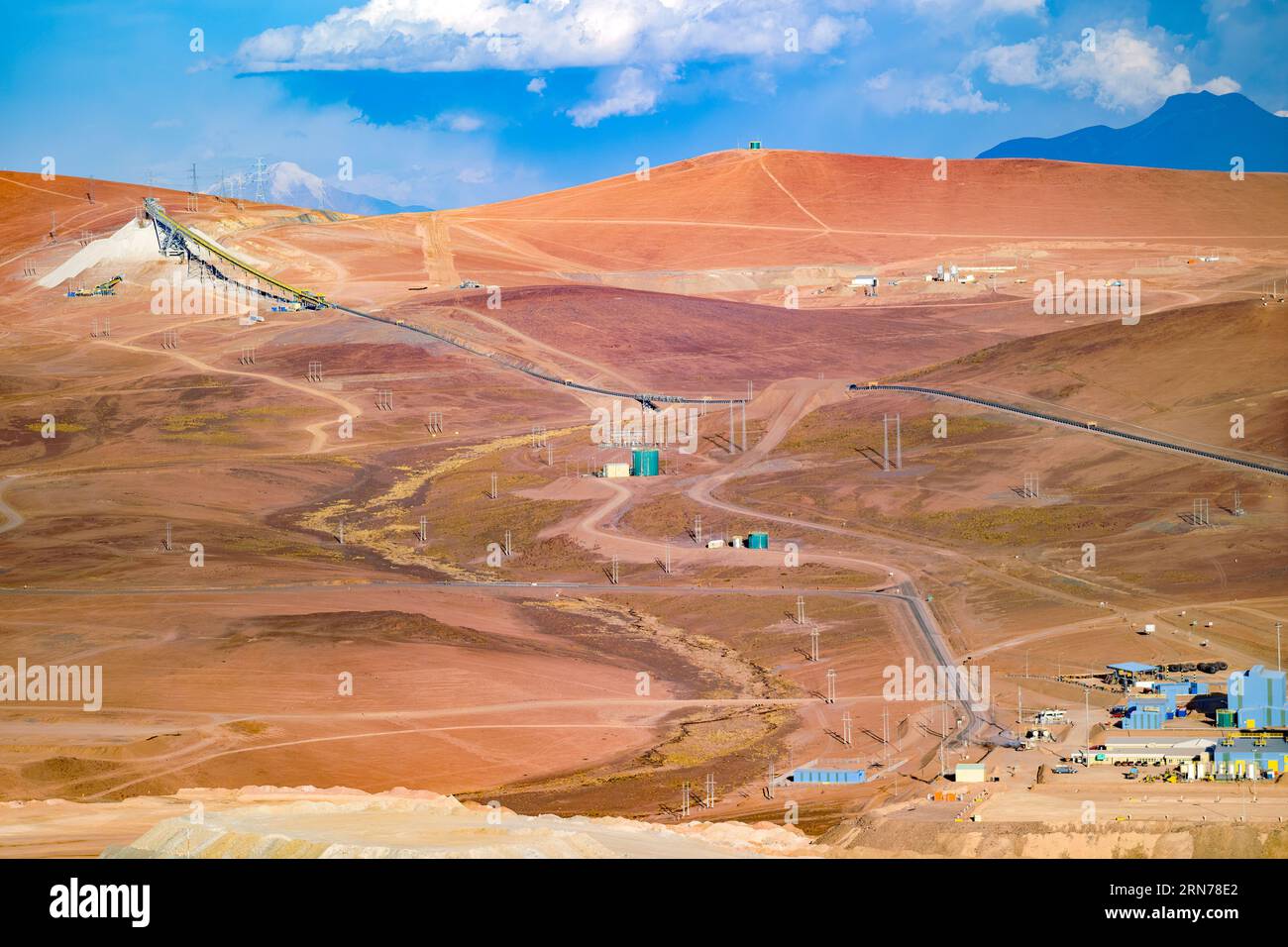 Aerial view of a long conveyor belt at copper mine in the altiplano of ...
