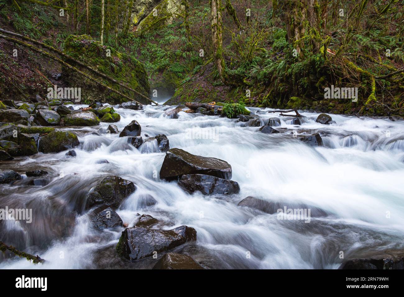 river flowing over mossy rocks downstream from Bridal Veil Falls near ...
