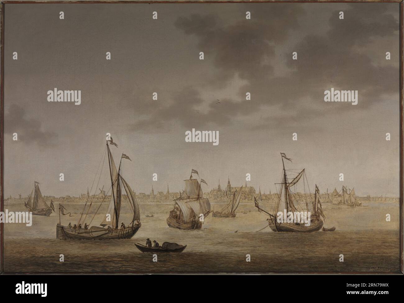 A three-masted sailing ship and other shipping before Gouda circa 1684 ...