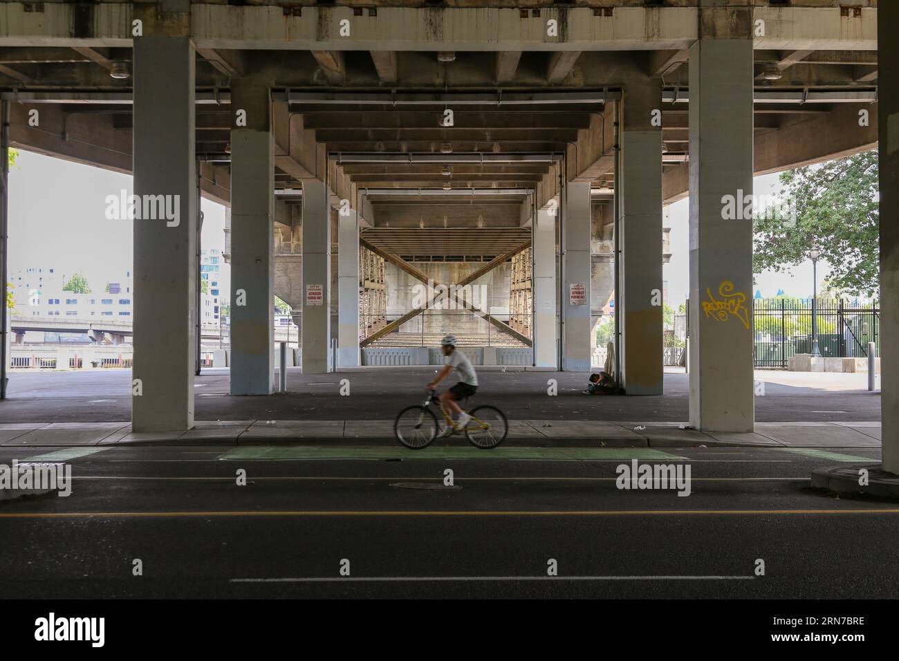 A person riding a bike under a bridge with interesting lines and depth ...
