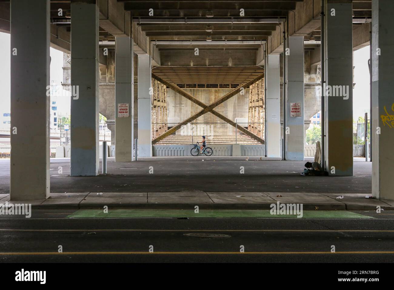 A person riding a bike under a bridge with interesting lines and depth ...
