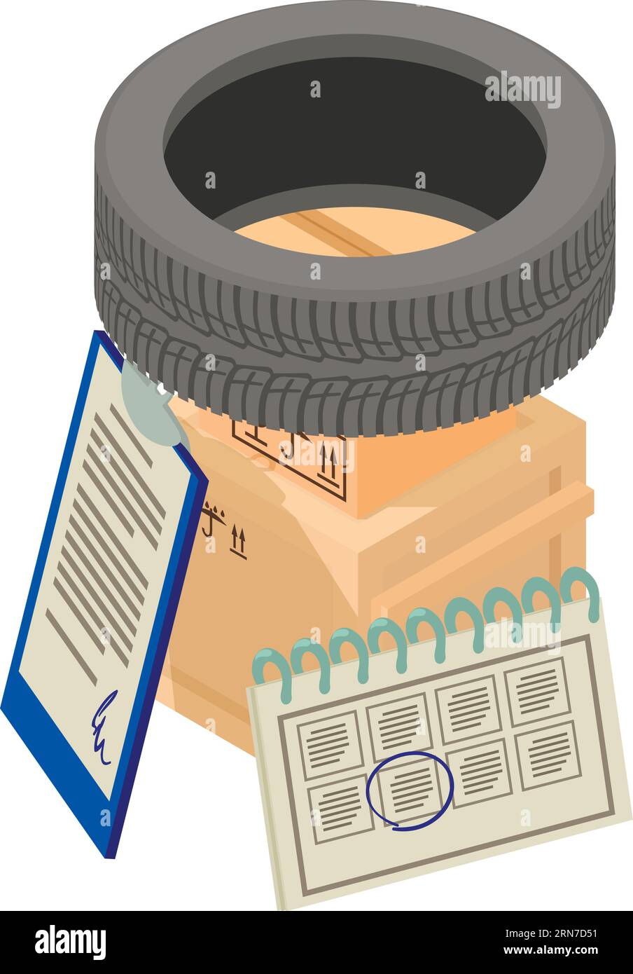 Warehouse storage icon isometric vector. Car tire on postal parcel and ...
