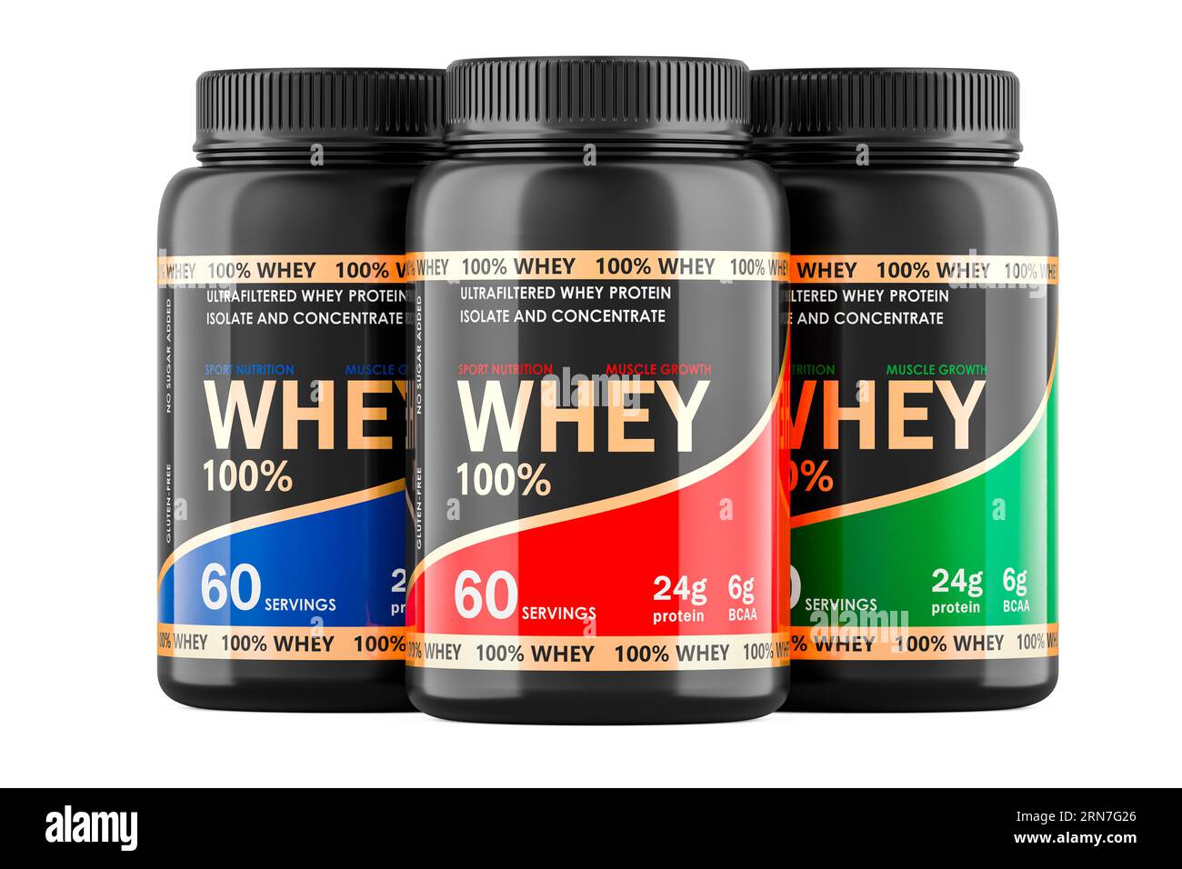 Set of Whey Protein Powder Jars, 3D rendering isolated on white ...