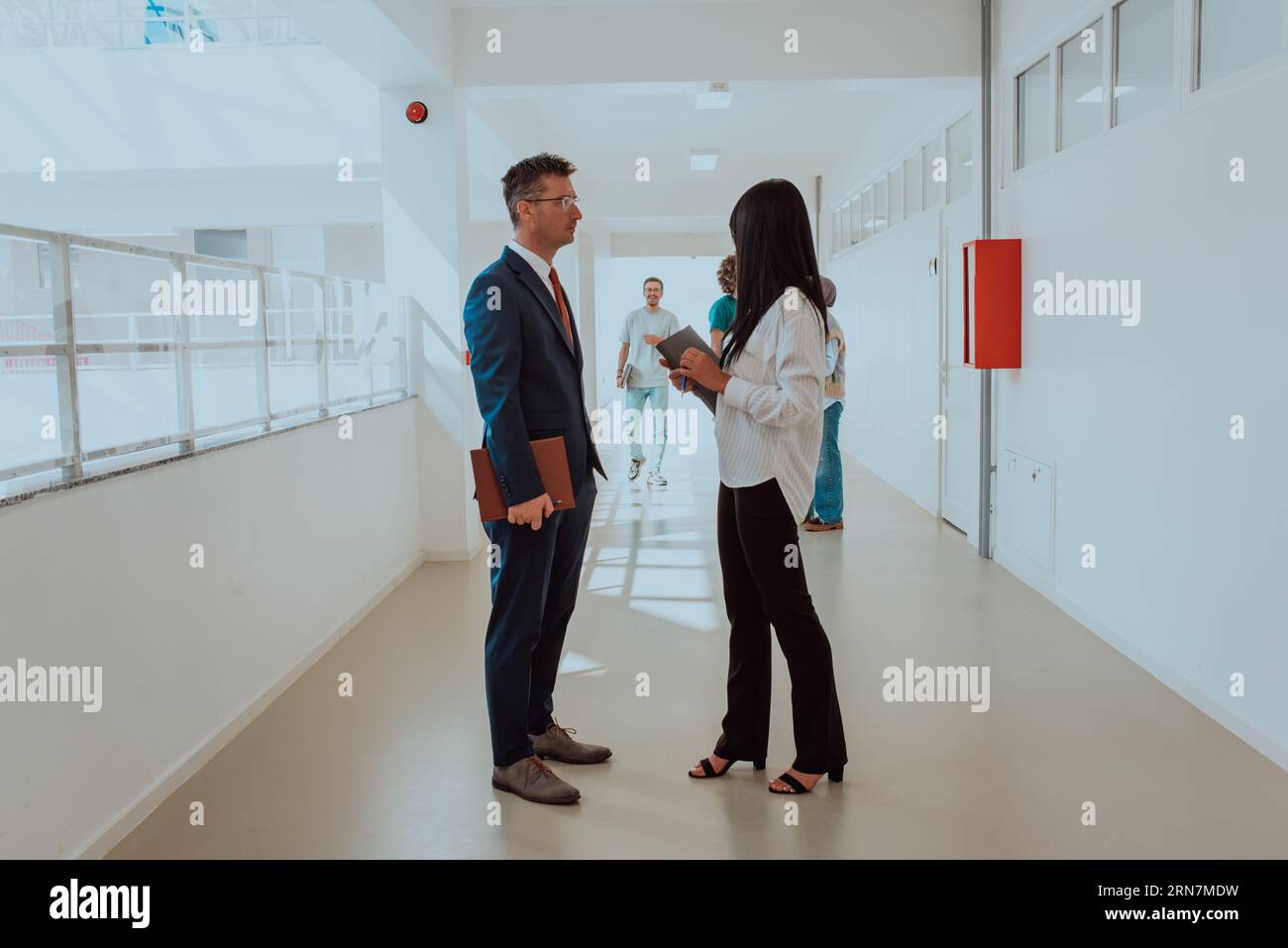 Business colleagues engage in a knowledge-sharing conversation during a ...