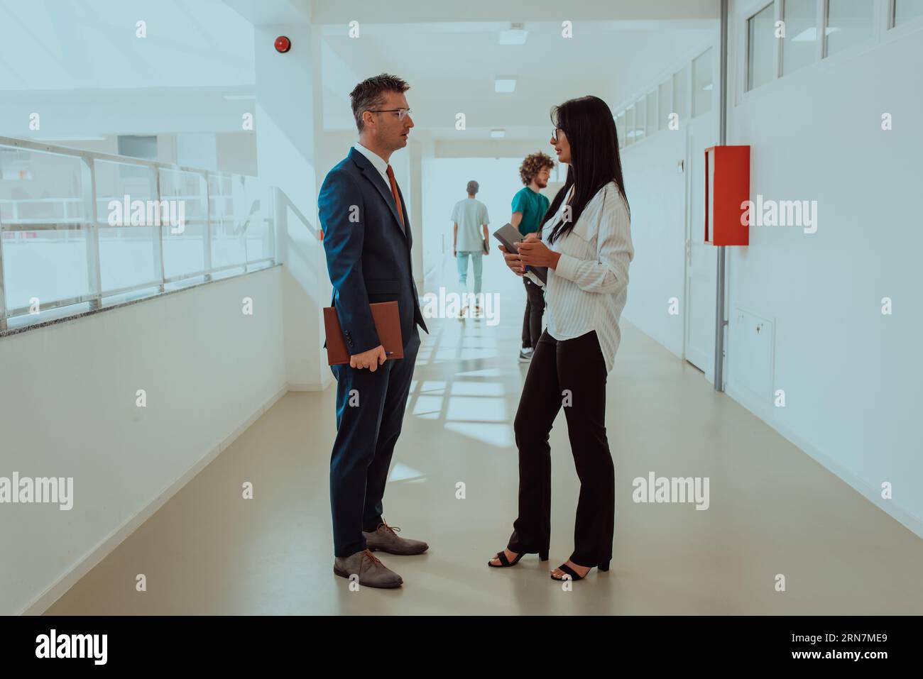 Business colleagues engage in a knowledge-sharing conversation during a ...