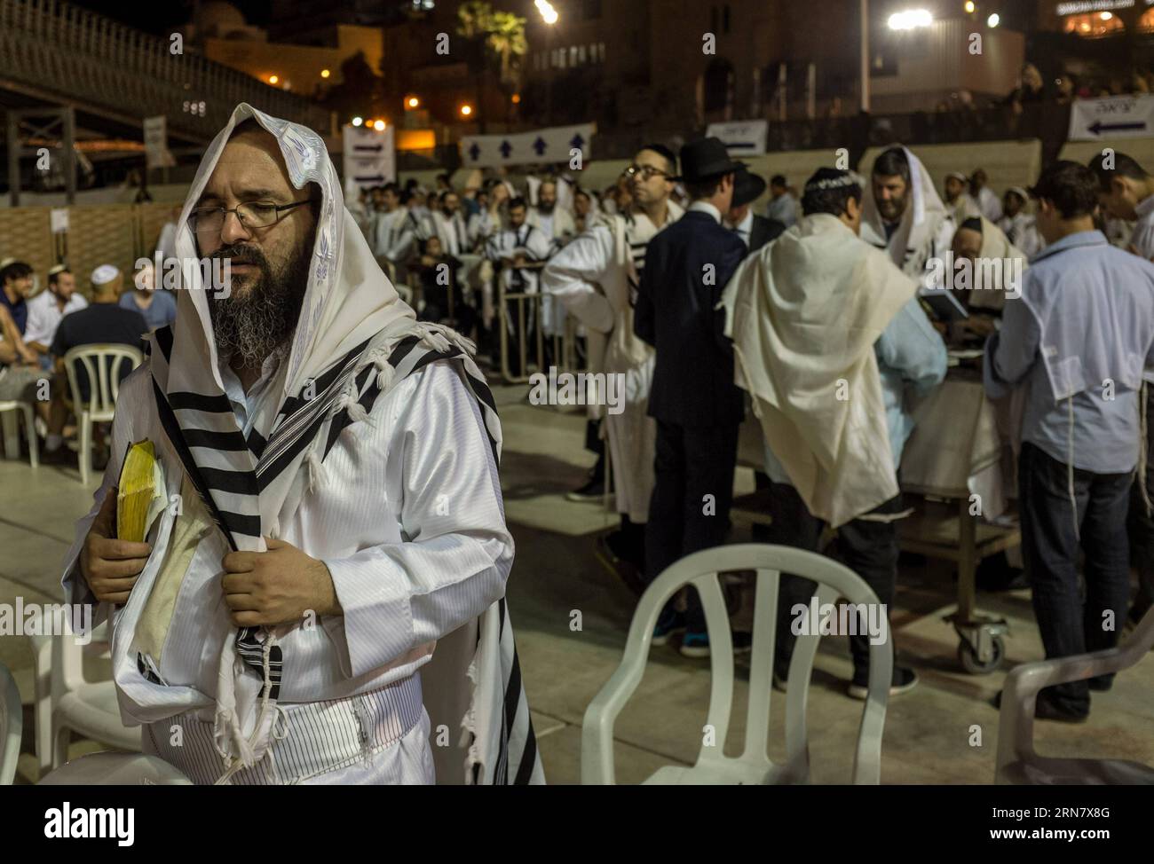 JERUSALEM, Sept. 23, 2015 -- Jewish men pray at the Western Wall during ...