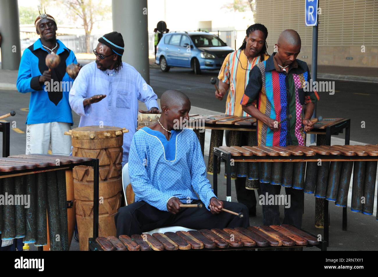 A group of musicians play traditional Botswana music at Sir Seretse ...