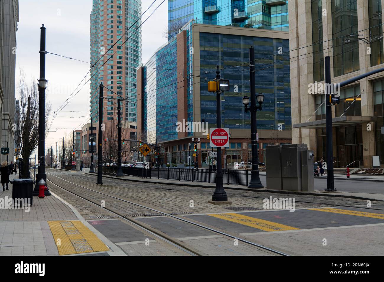 Jersey City, New Jersey, USA, view of Exchange Place light rail station ...