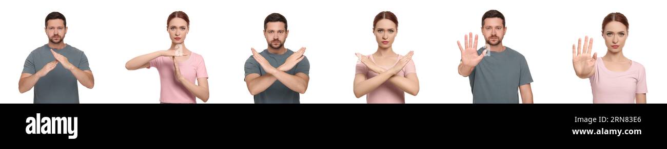 Collage with photos of people showing stop and time out gestures on ...