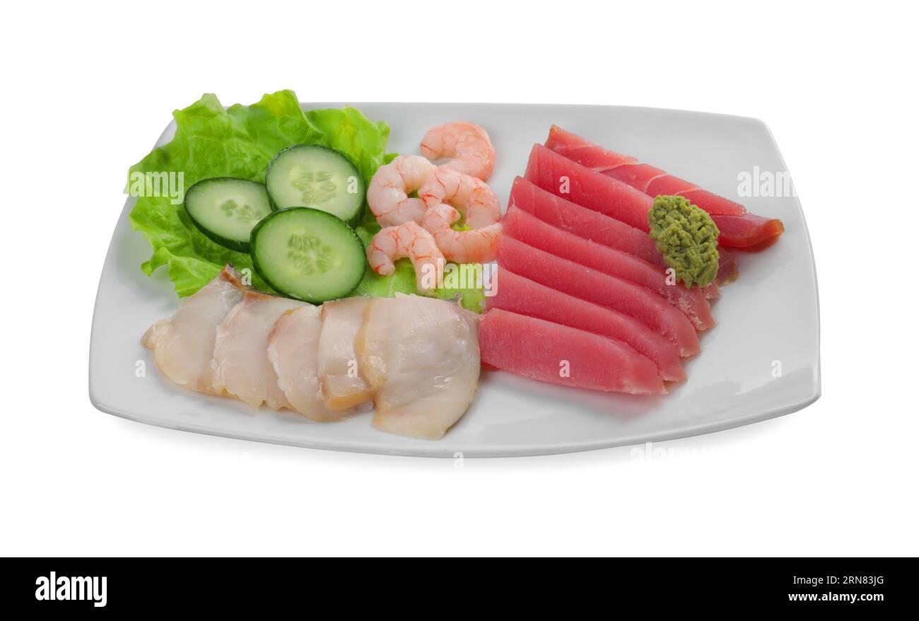 Sashimi set (raw slices of tuna, oily fish and shrimps ) served with ...