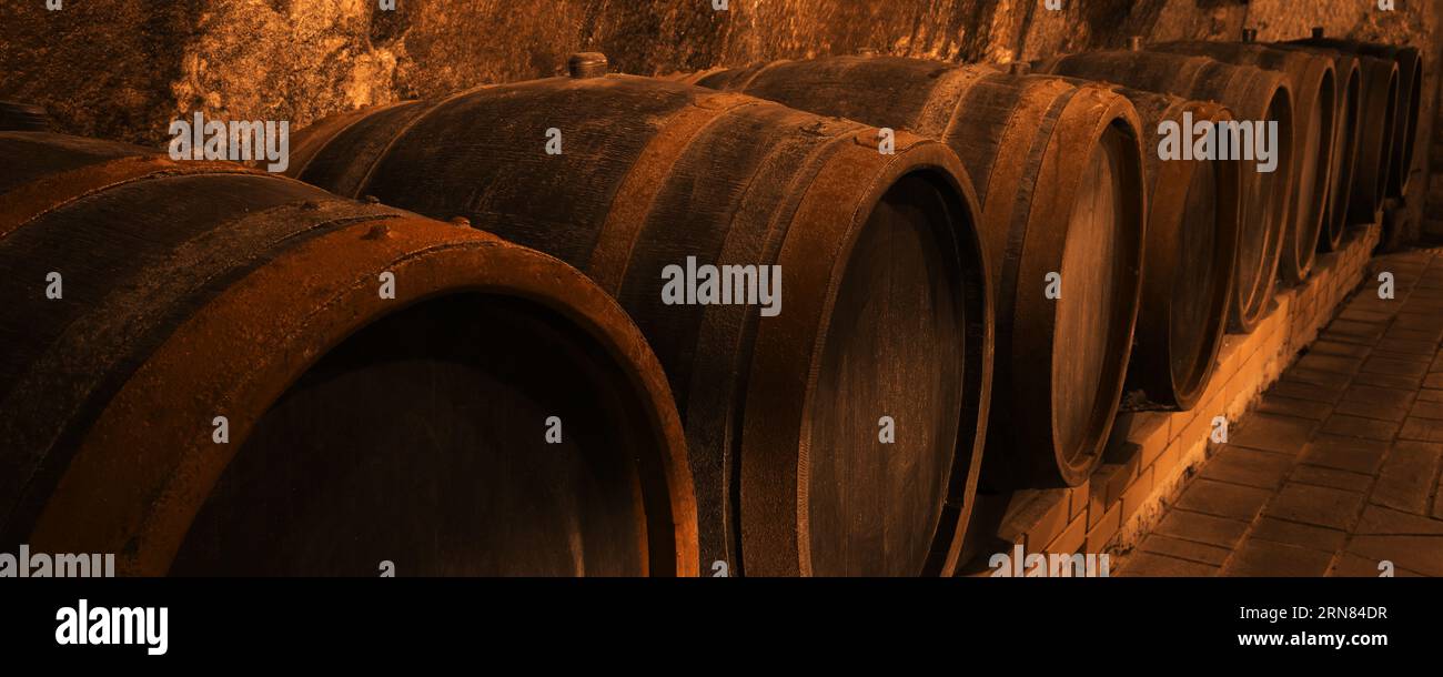 Many wooden barrels in cellar, banner design Stock Photo - Alamy