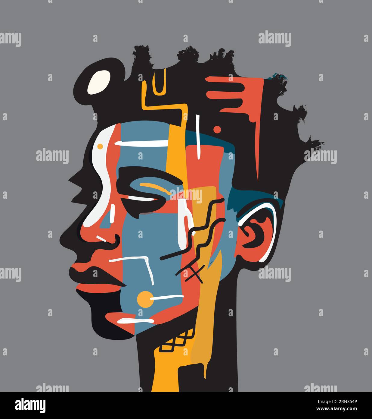 Abstract portrait of an African human face, block colors, gray ...