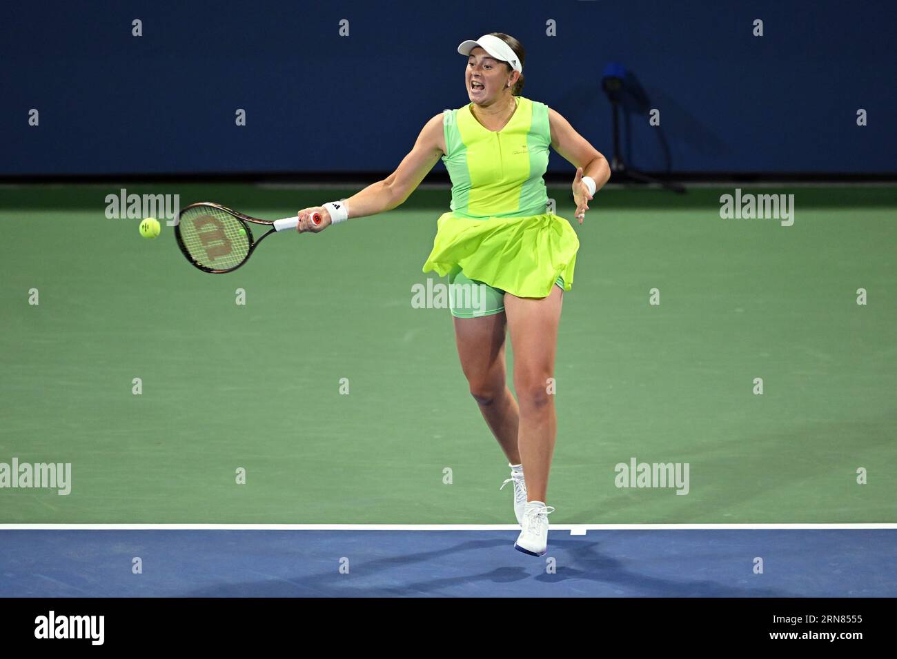 Jelena Ostapenko in action during a women's singles match at the 2023 ...