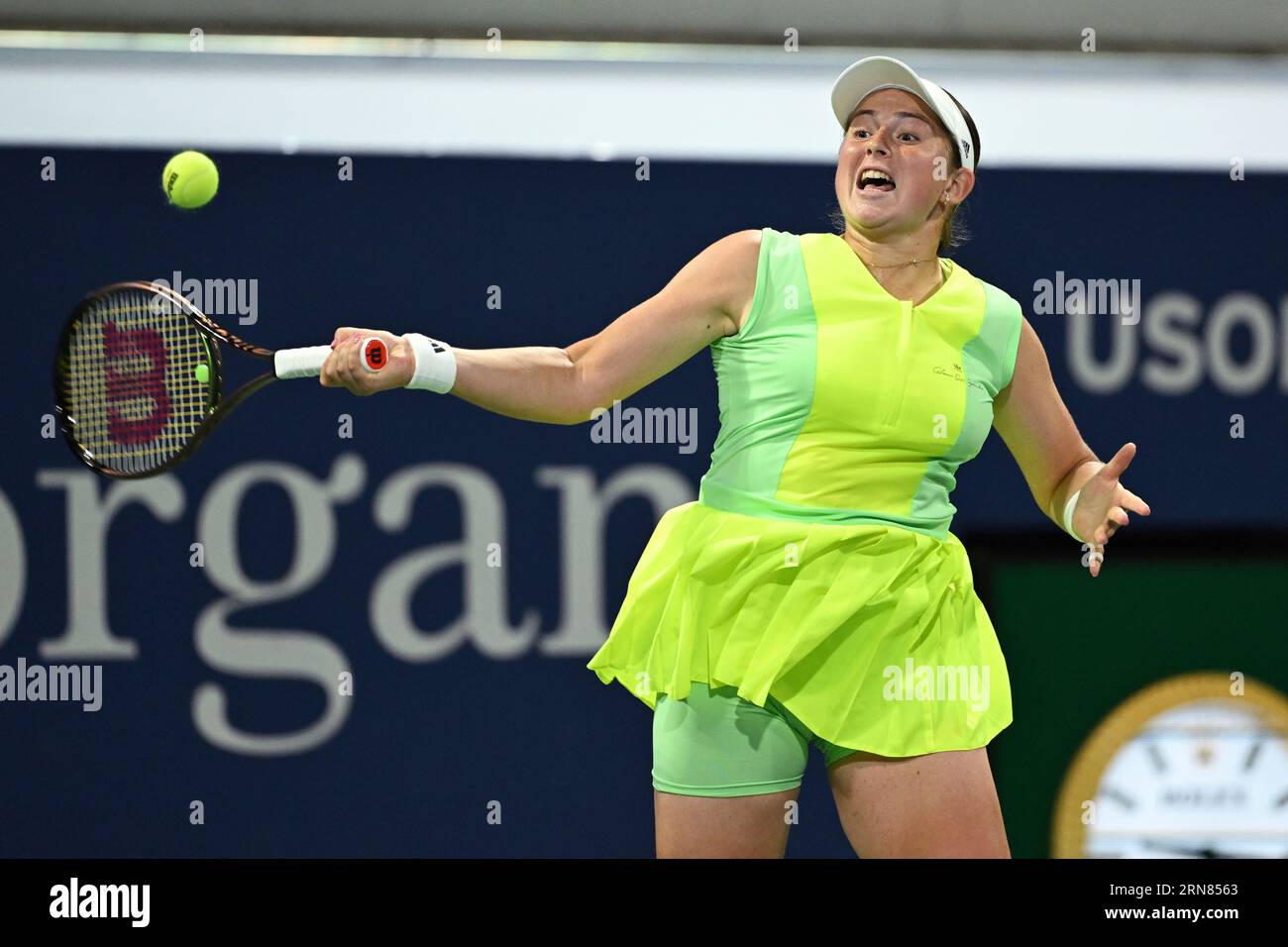 Jelena Ostapenko in action during a women's singles match at the 2023 ...