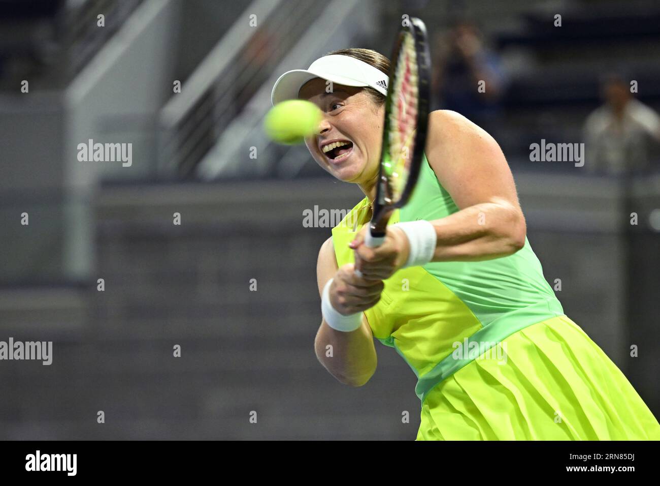 Jelena Ostapenko in action during a women's singles match at the 2023 ...