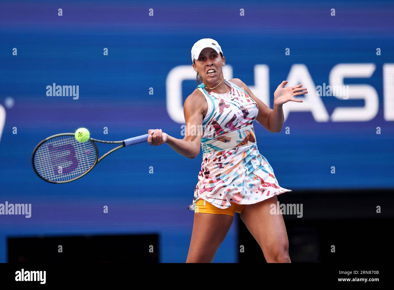 Madison Keys in action during a women's singles match at the 2023 US ...