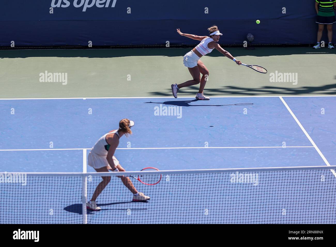 Nadia Podoroska and Mayar Sherif in action during a women's doubles ...