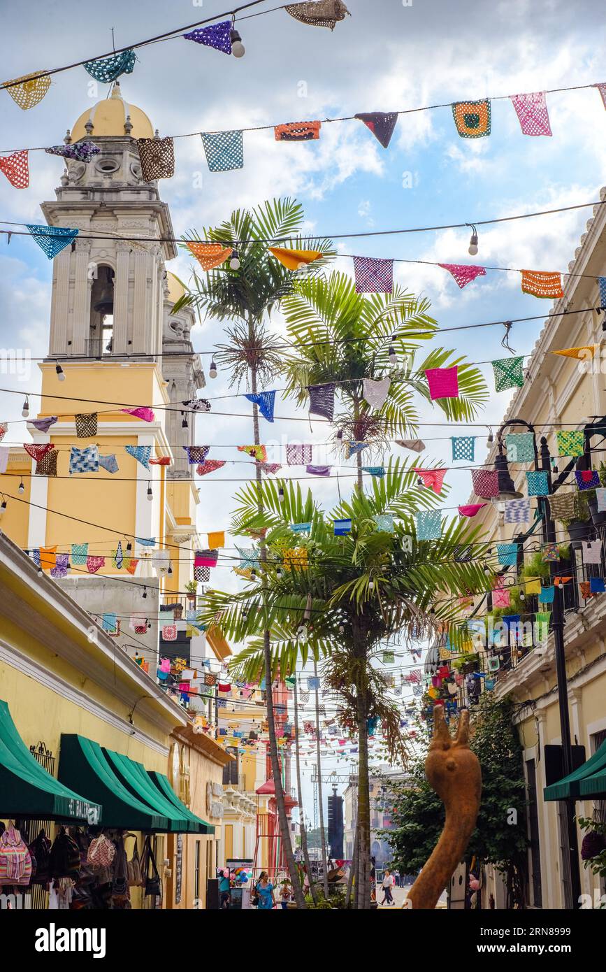 Colima, Mexico; September 16, 2022. Constitucion Street in downtown ...