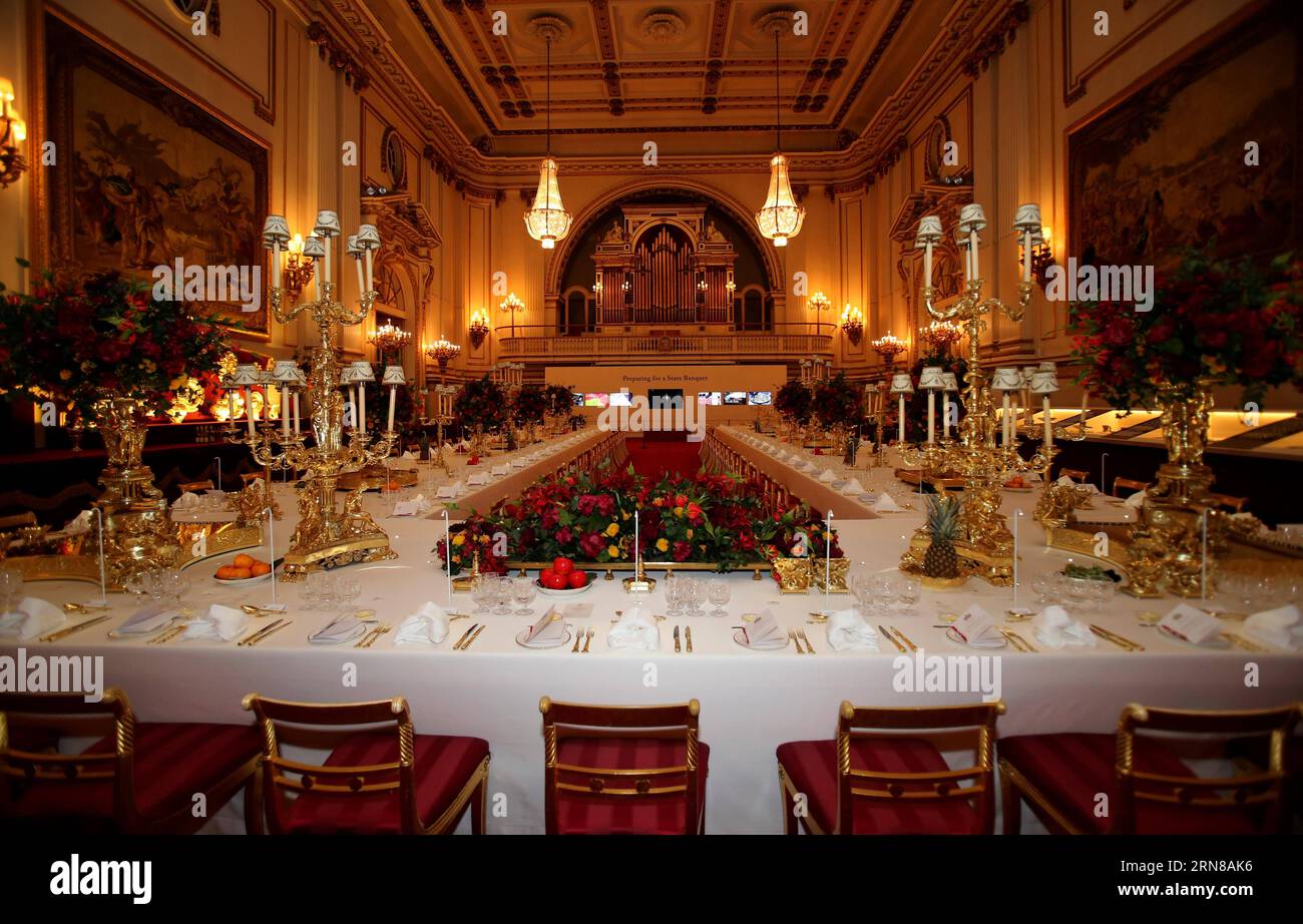 Photo taken on Sept. 7, 2015 shows the ballroom set for a state banquet ...