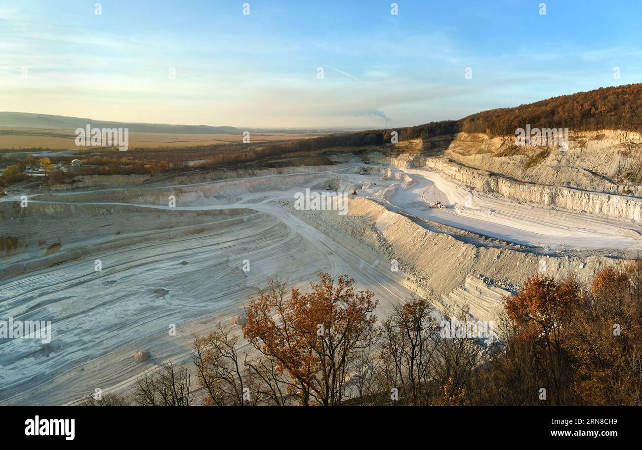 Aerial view of open pit mining site of limestone materials for ...