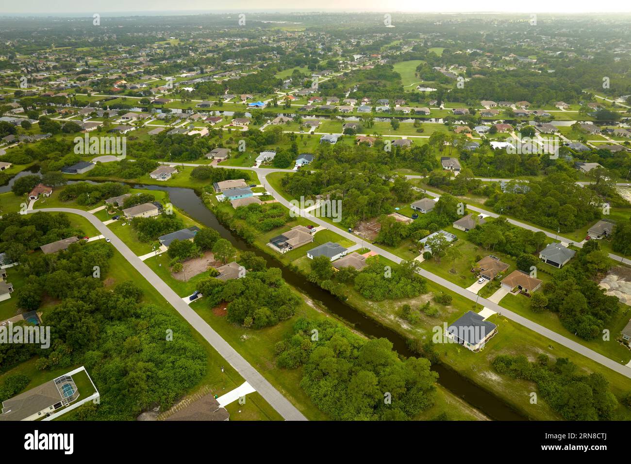 Aerial view of small town America suburban landscape with private homes ...