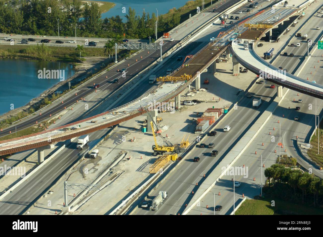 Construction roadworks on american transport infrastructure. Renovation ...