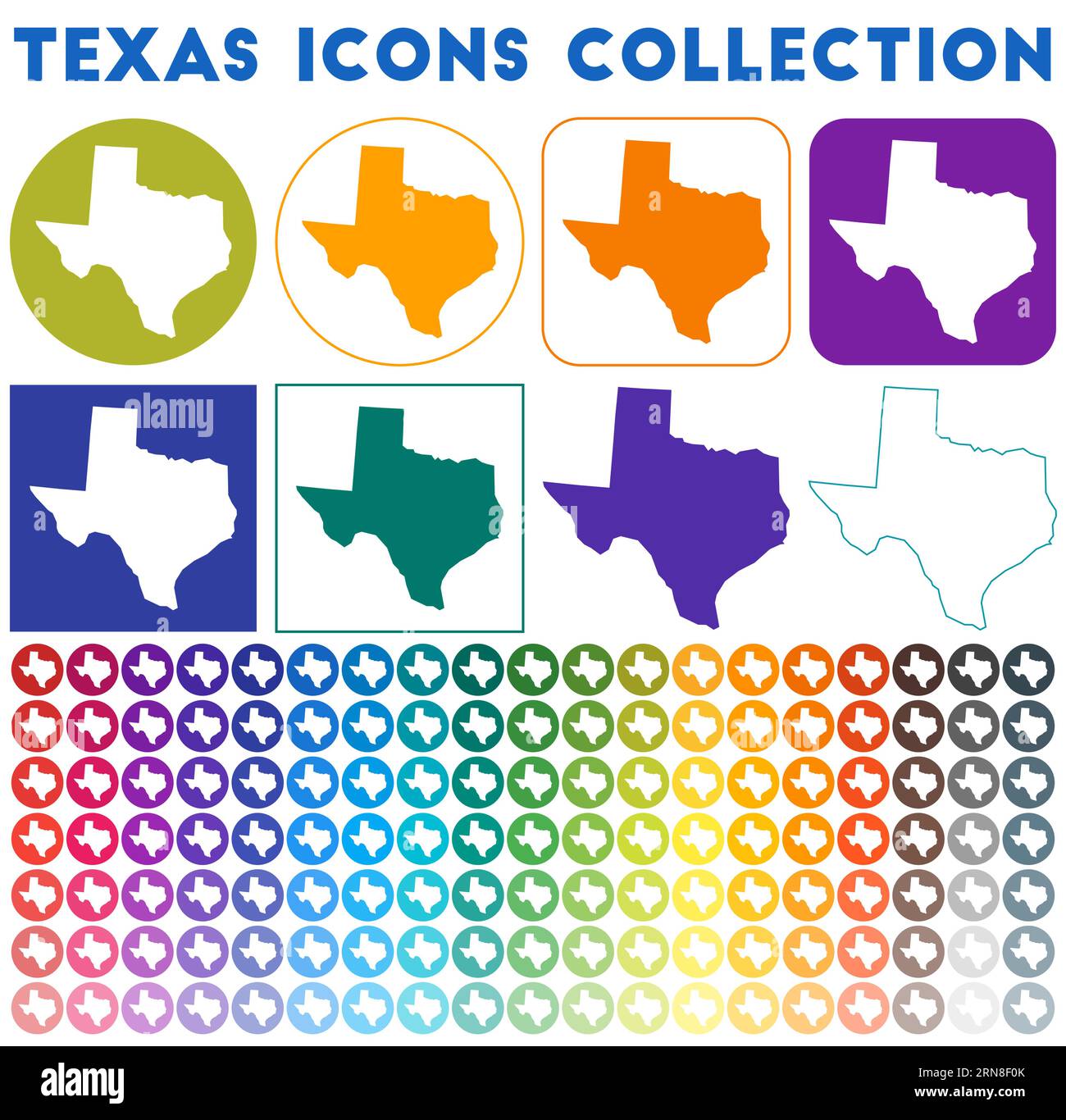 Texas icons collection. Bright, colorful, trendy map icons. Modern Texas badge with US state map ...