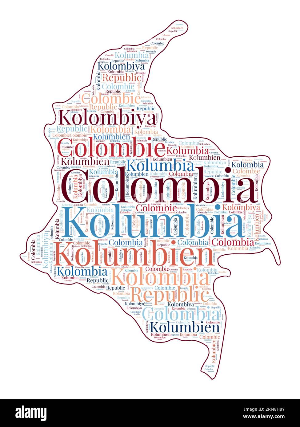 Colombia shape filled with country name in many languages. Colombia map ...