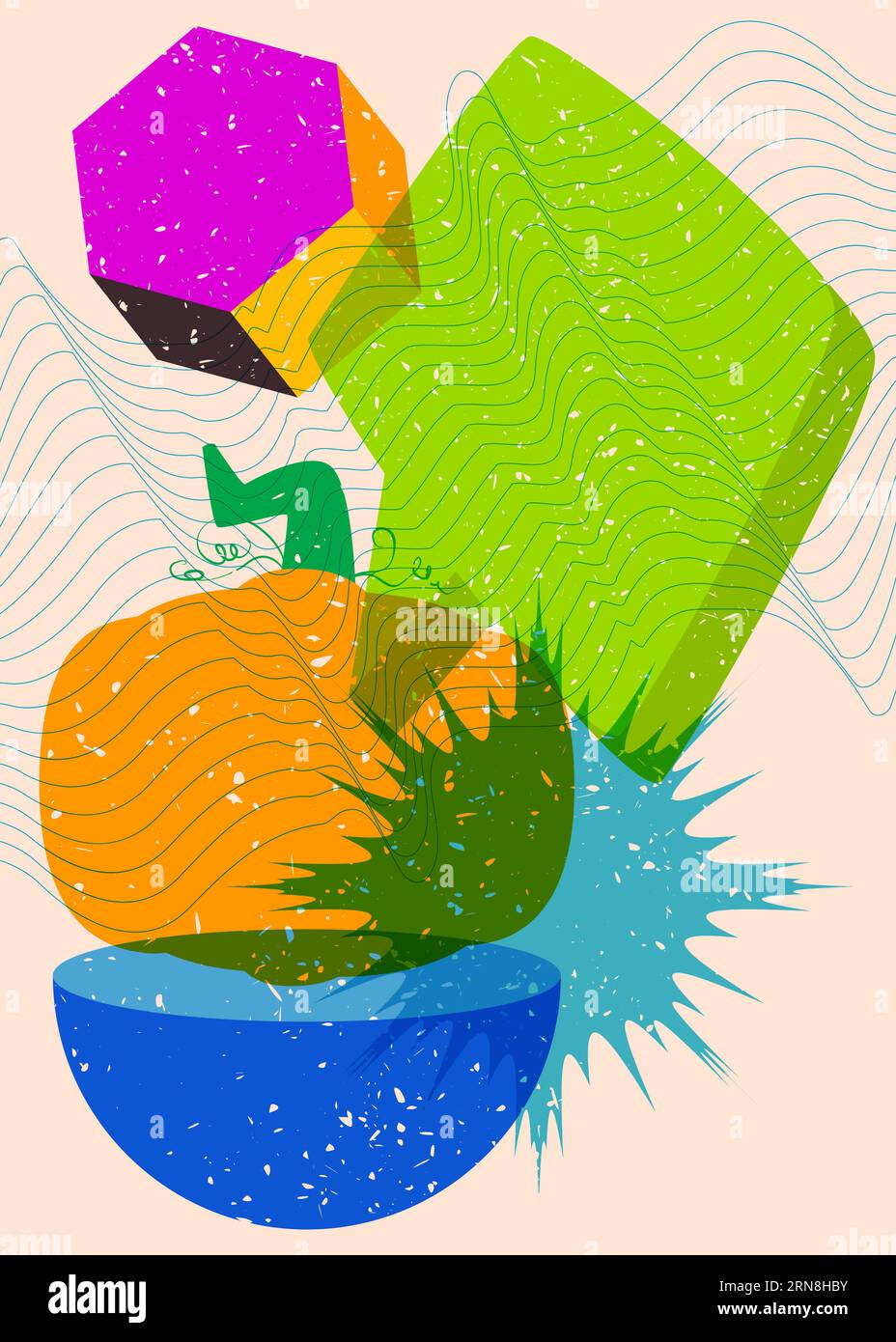 Pumpkin with speech bubble and colorful geometric shapes in trendy riso ...