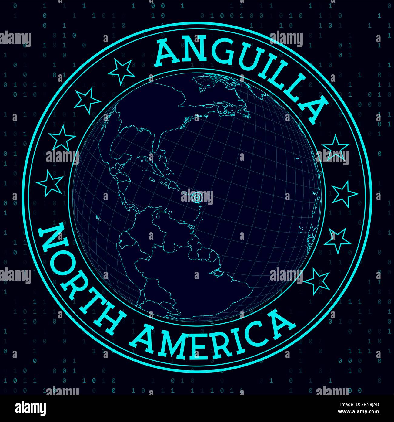 ANGUILLA round sign. Futuristic satellite view of the world centered on ...